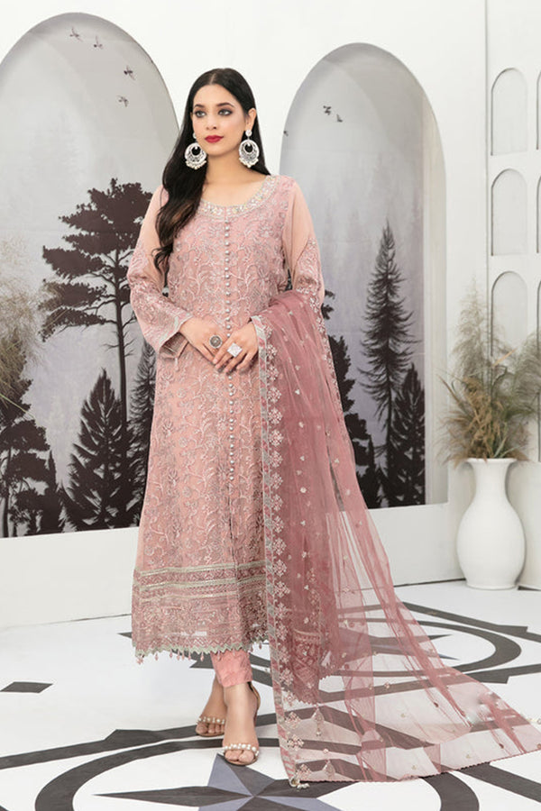 Peach Pakistani Designer Salwar Kameez With Heavy Net Dupatta Work-1