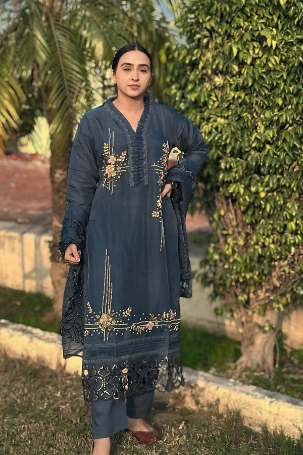 Ready To Wear Heavy Organza Handwork Blue Pakistani Tunic With ...