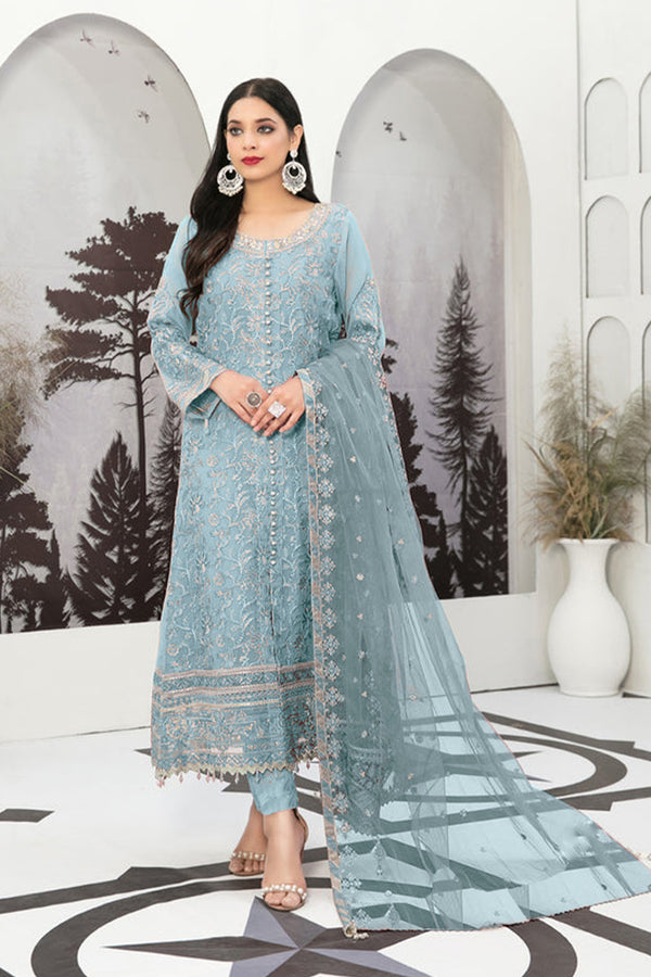Sky Blue Pakistani Designer Salwar Kameez With Heavy Net Dupatta Work-3